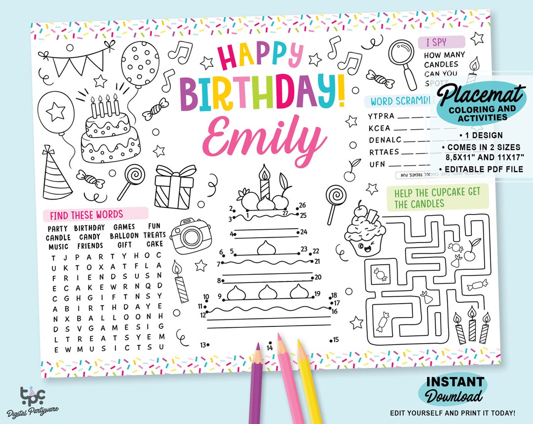 Editable Birthday Coloring Placemat | Printable Birthday Party Coloring ...