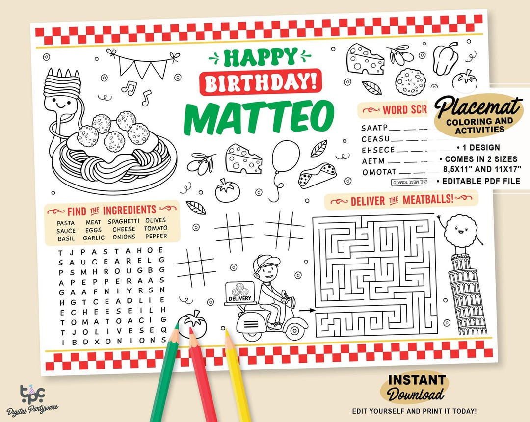 Editable Meatball Party Placemat | Printable Italian Party Coloring ...
