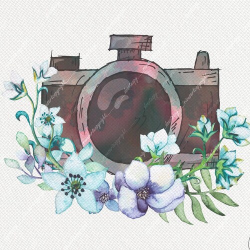 Watercolor Clipart Retro Photo Camera With Floral Elements - Etsy