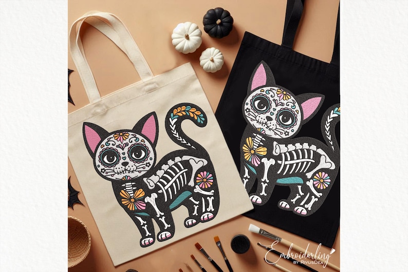 Cat Sugar Skull Embroidery Designss – Day of the Dead Catrina Cat ...