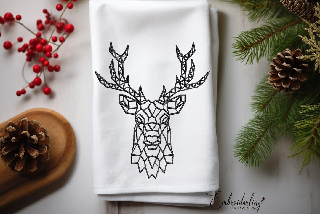 Geometric Deer Head Embroidery Design, Realistic Antlered Buck on Dark ...