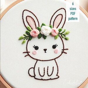 Cute Easter Bunny Hand Embroidery Pattern, Bunny With Floral Wreath ...