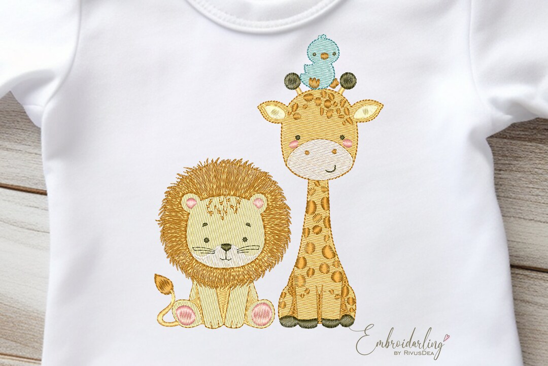 Cute Safari Embroidery Design, Wild Lion Elephant Giraffe Embroidery ...