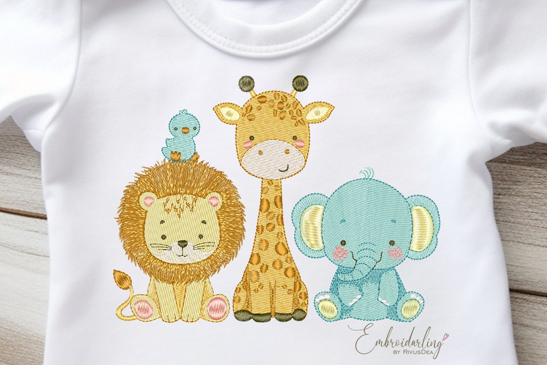 Cute Safari Embroidery Design, Wild Lion Elephant Giraffe Embroidery ...