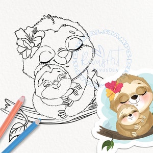 Sloth Digital Stamp. Cute Sloth PNG Download. Mothers Day Digi Stamp ...