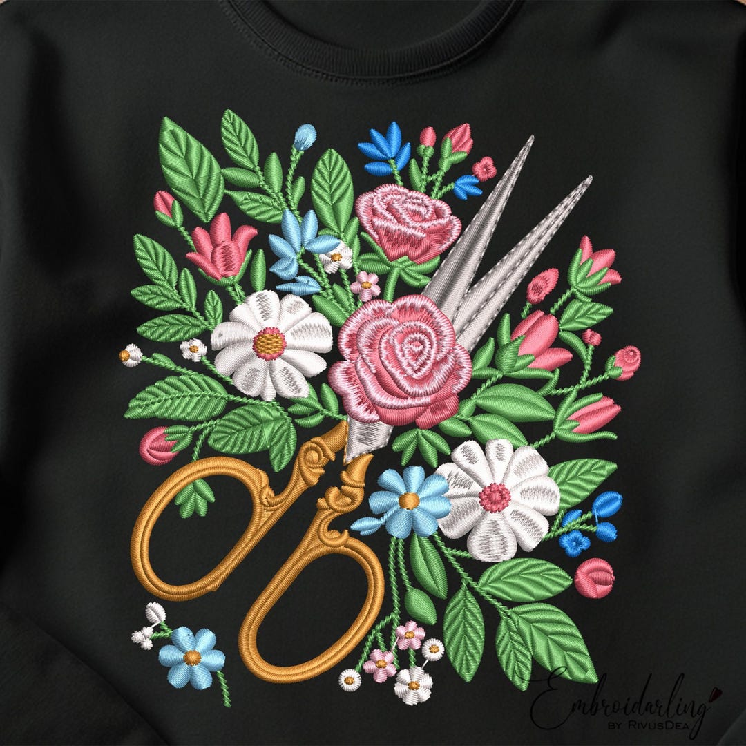 Floral Scissors Embroidery Design File, 7 Size – Sewing Machine ...