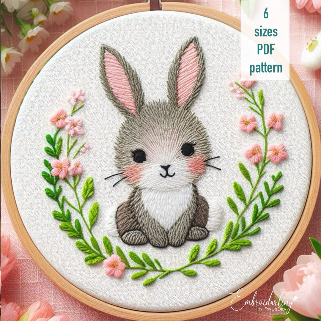 Cute Easter Bunny Hand Embroidery Pattern, Deer With Floral Wreath ...