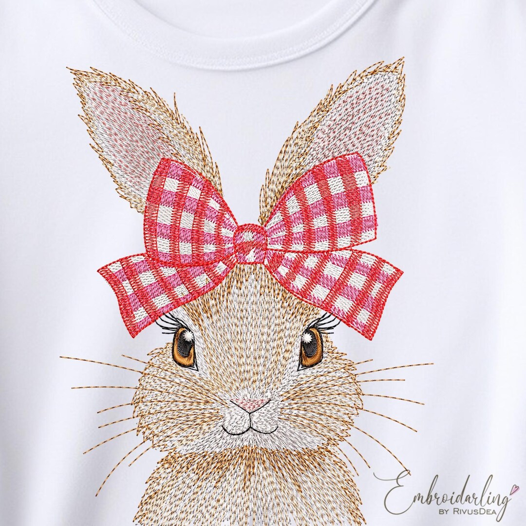 Bunny With Gingham Bow Embroidery Design File 7 Size – Vintage Rabbit ...