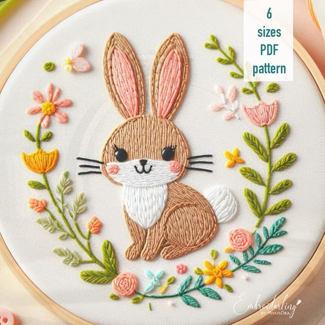 Cute Easter Bunny Hand Embroidery Pattern, Deer With Floral Wreath ...