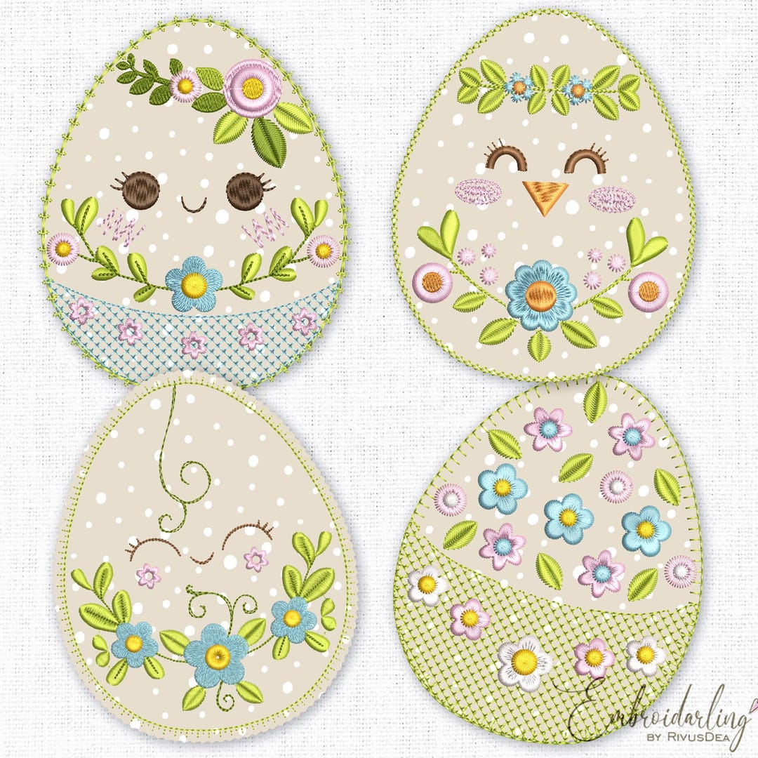 4 Easter Eggs Set Embroidery Design File. Cute Smiling Easter Egg ...