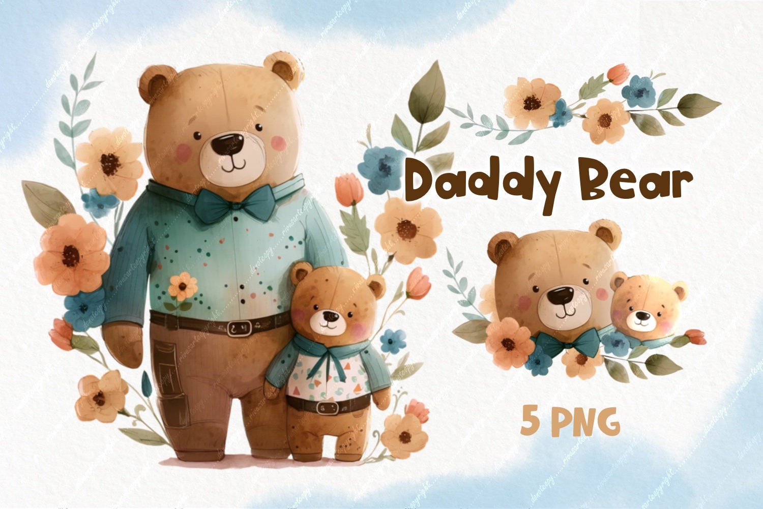 Fathers Day Clipart Watercolor Bear Clip Art Family PNG - Etsy
