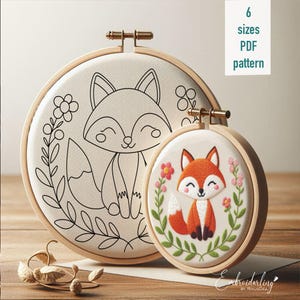 Cute Fox Hand Embroidery Pattern, Summer Fox Face With Floral Wreath ...