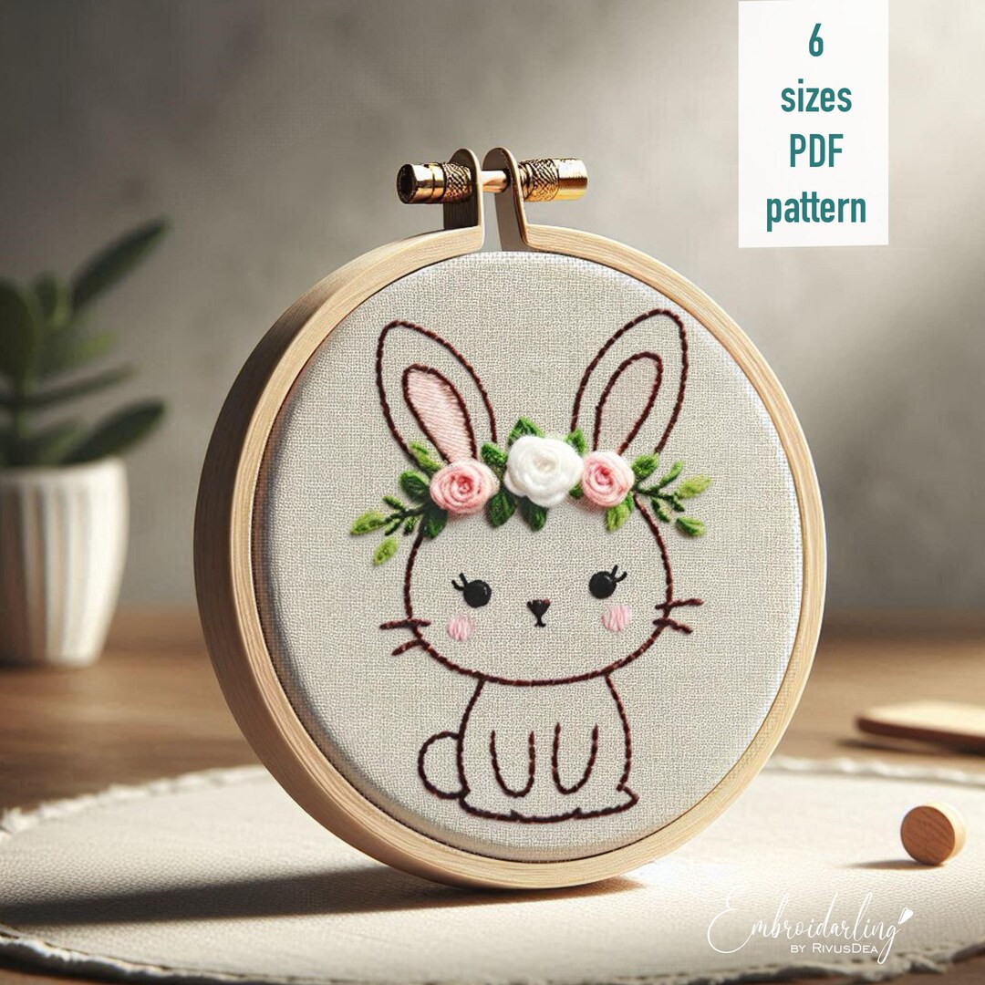 Cute Easter Bunny Hand Embroidery Pattern, Bunny With Floral Wreath ...