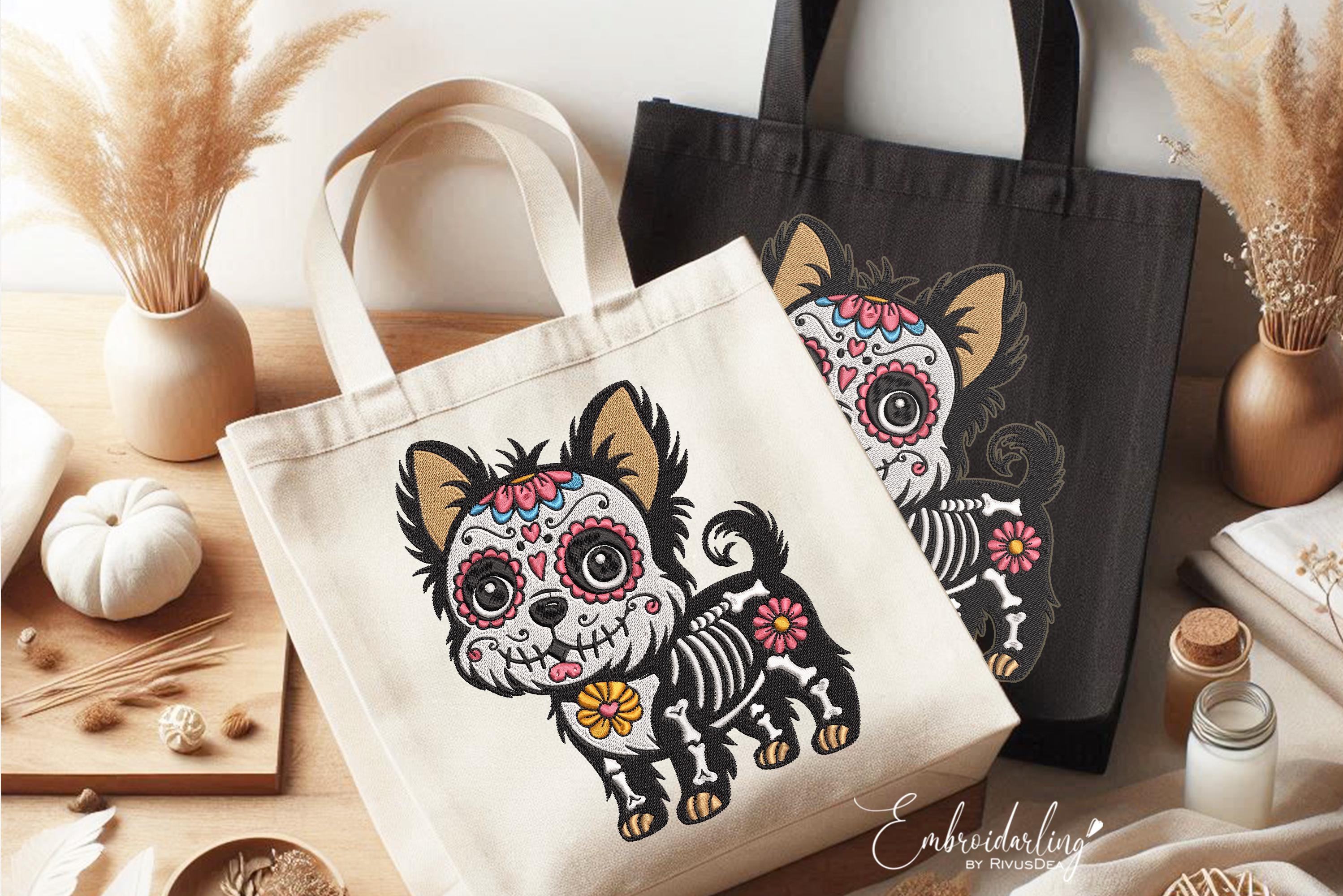 Yorkshire Terrier Dog Sugar Skull Embroidery Designs – Day of the Dead ...