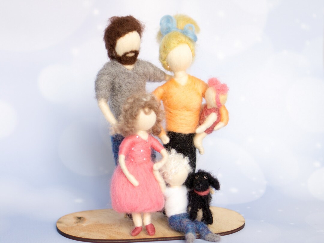 Family Portrait Dolls From Photos. Couple With Three Children and a Dog ...