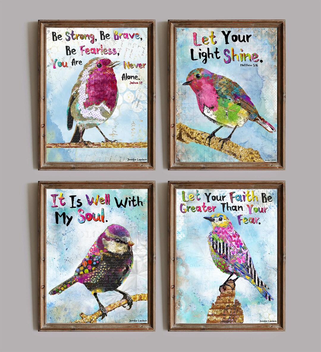 Fearless Birds Art Prints Set of 4 Rustic Pretty Butterfly Woodland ...