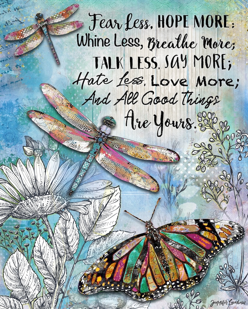 Fear Less Butterfly Art Print - Dragonfly and Wildflowers Wall Decor ...