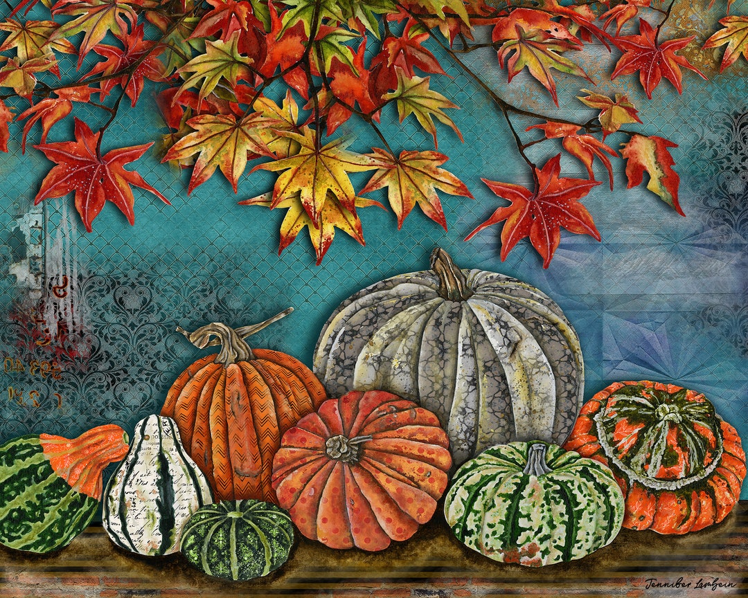 Autumn Feelings Art Print - Watercolor Pumpkins Gourds and Fall Leaves ...