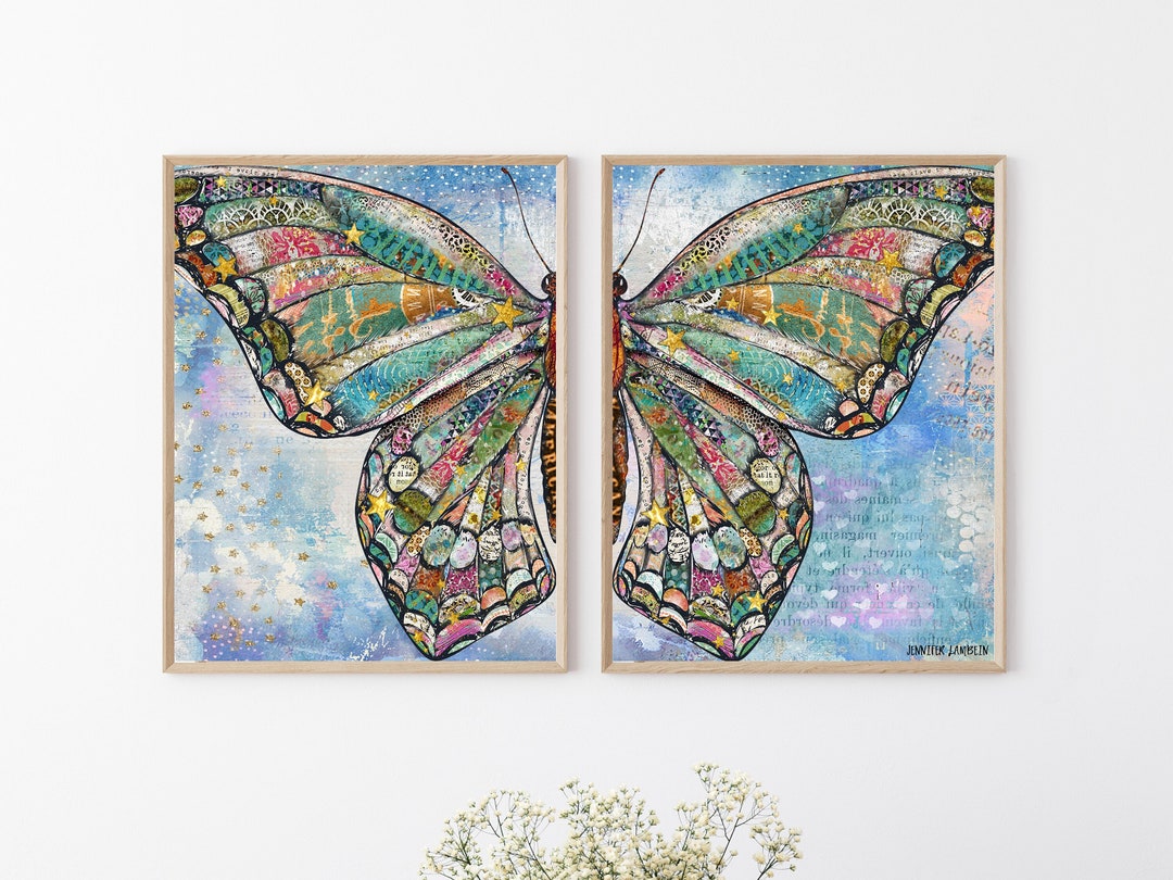 Starlight Butterfly Art Prints Set of 2 Rustic Pretty Woodland Nature ...