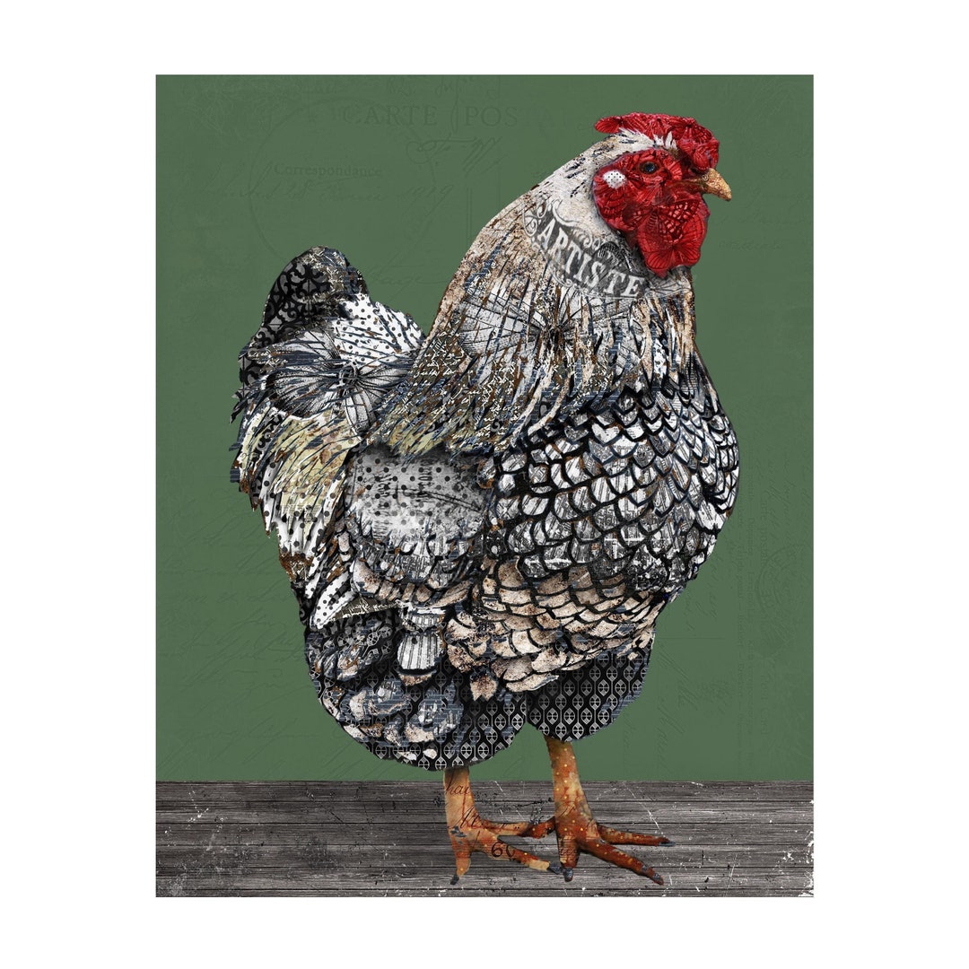 Artiste Hen Art Print Green Background Rustic Boho Chicken Home Decor ...