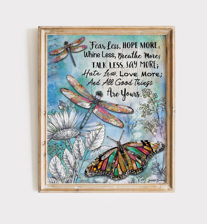 Fear Less Butterfly Art Print - Dragonfly and Wildflowers Wall Decor ...