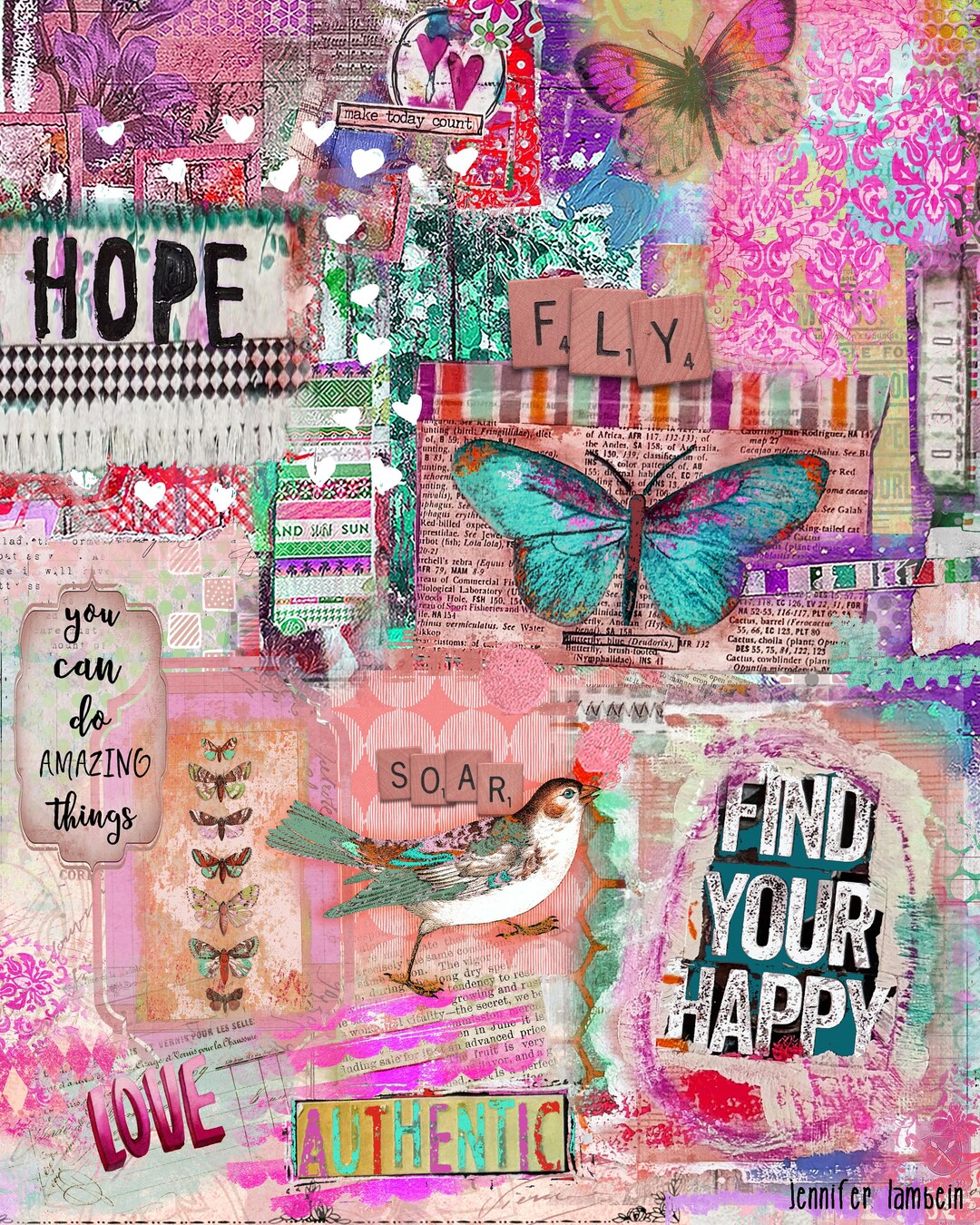 Happy Hope Collage Art Print - Authentic Love Butterfly Bird Wall Decor ...