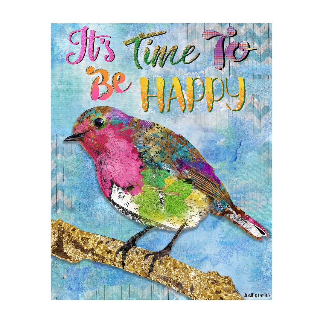 Be Happy Bird Art Print - Rustic Boho Butterfly Watercolor Collage Wall ...