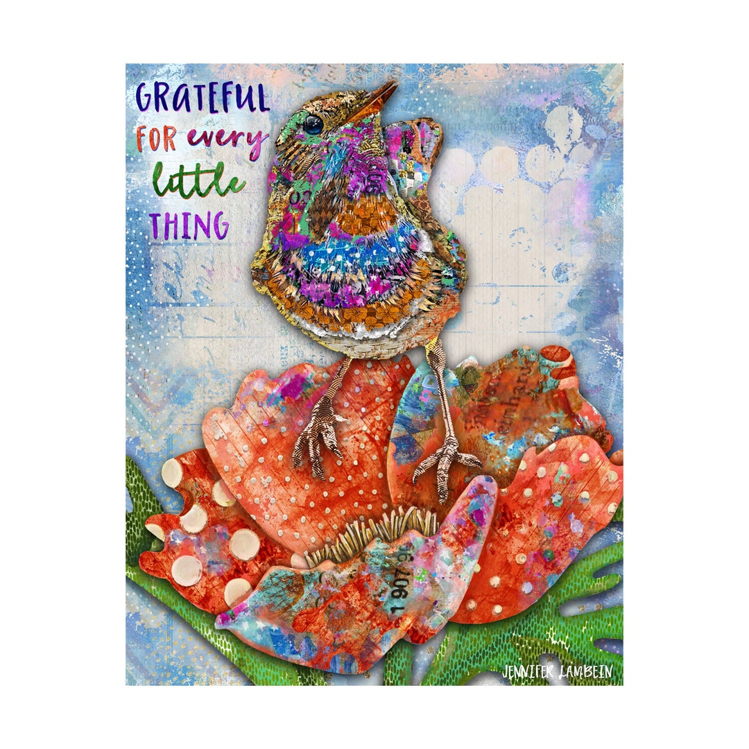 Grateful Bright Bird Art Print - Pretty Wildflower - Boho Watercolor ...