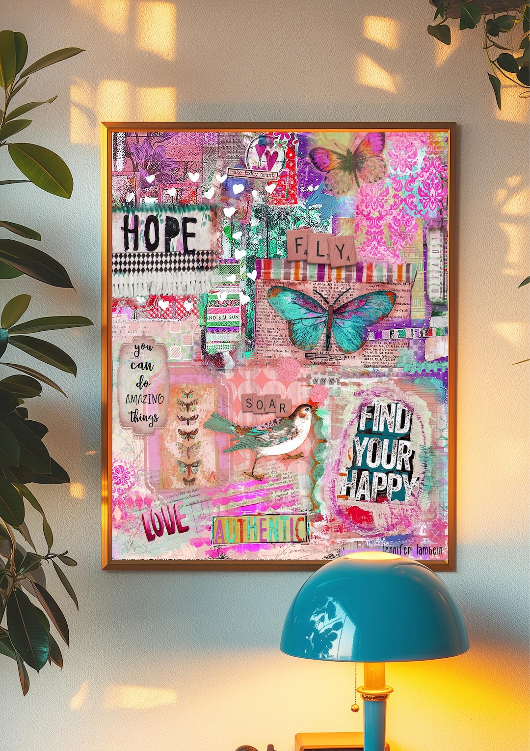 Happy Hope Collage Art Print - Authentic Love Butterfly Bird Wall Decor ...