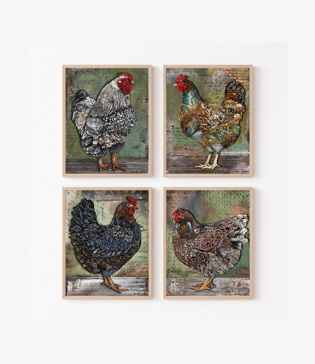 Rustic Hens Art Prints Set of 4 Chicken Butterfly Boho Wall Decor ...