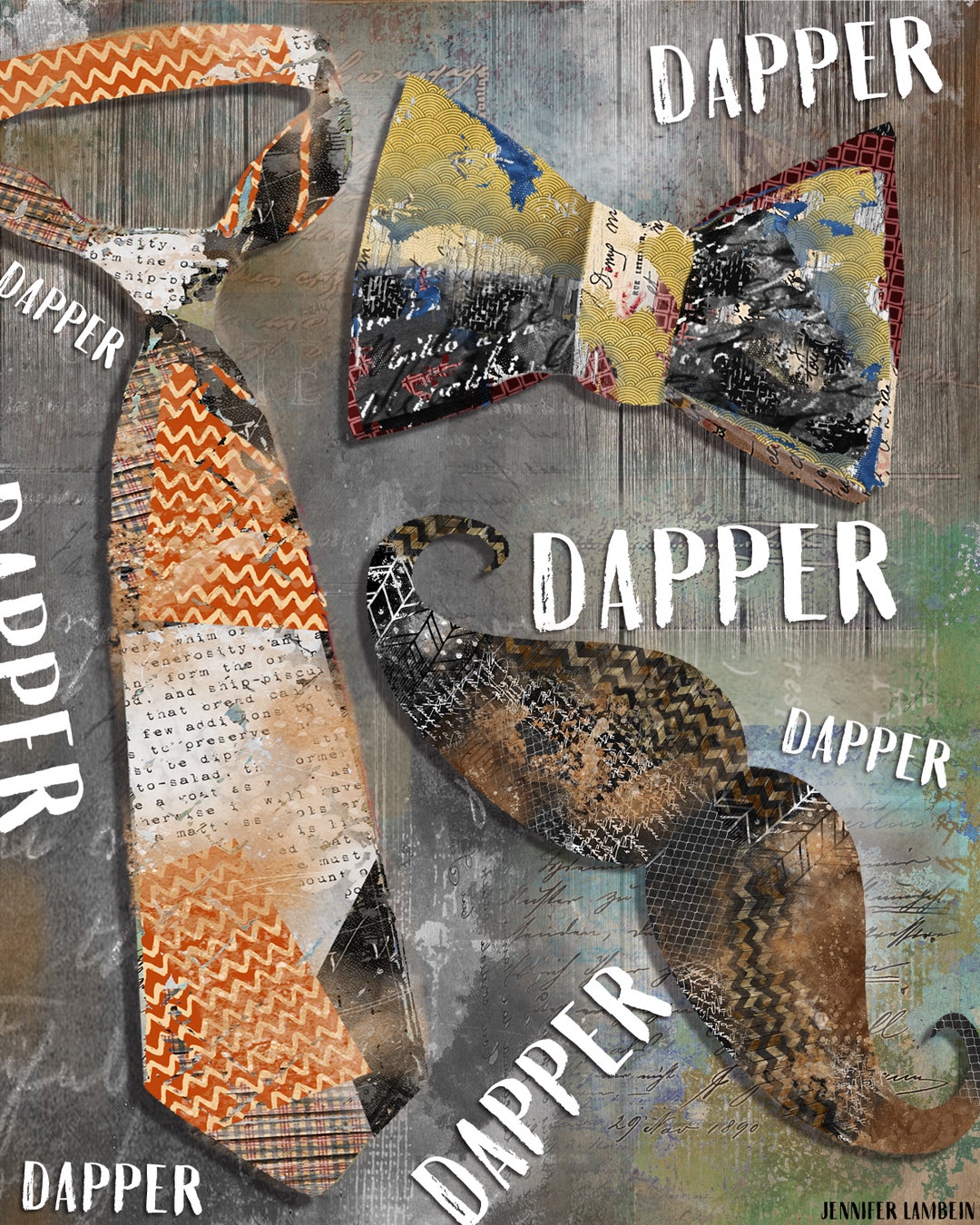 Dapper Art Print Mustache Bow Tie and Tie Wall Decor Retro Vintage Style Gift for Him Rustic Art ...