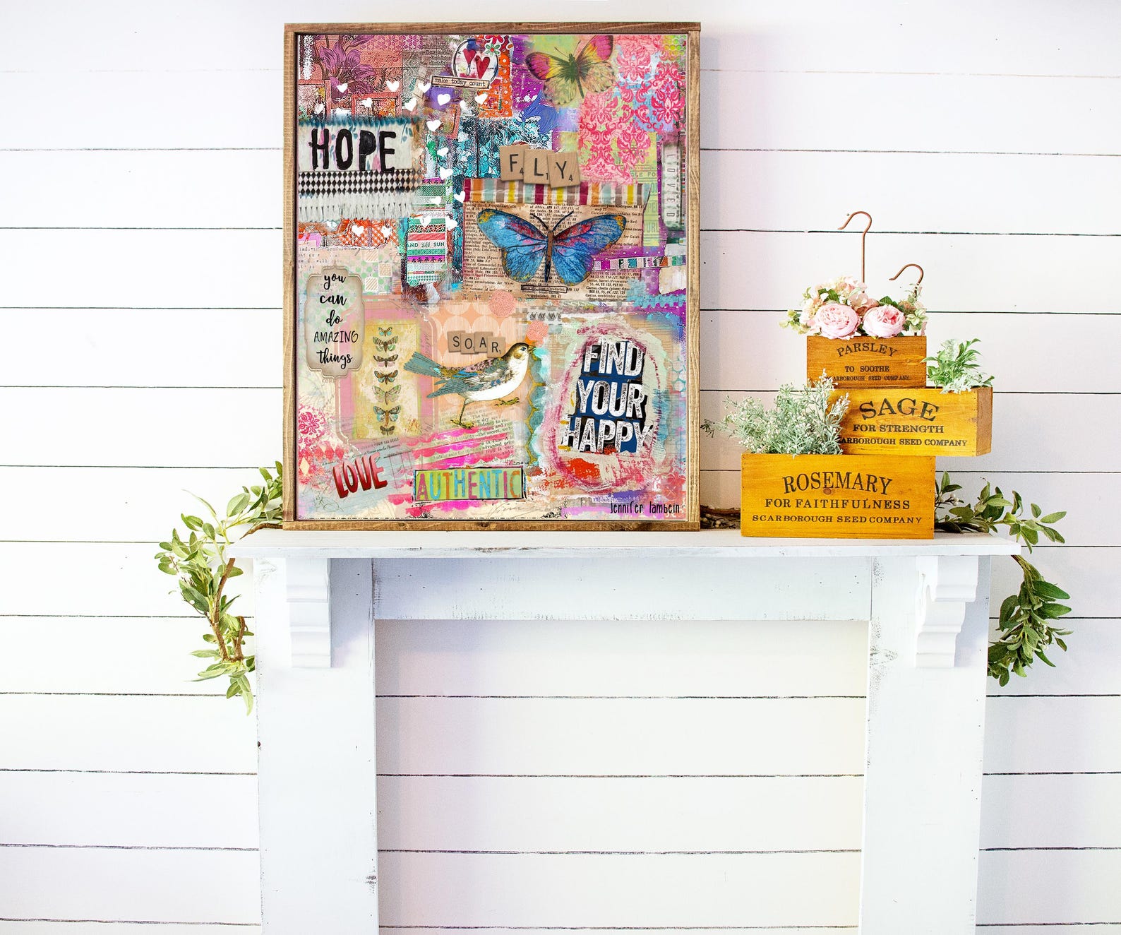 Find Your Happy Collage Art Print - Hope Love Butterfly Bird Wall Decor ...