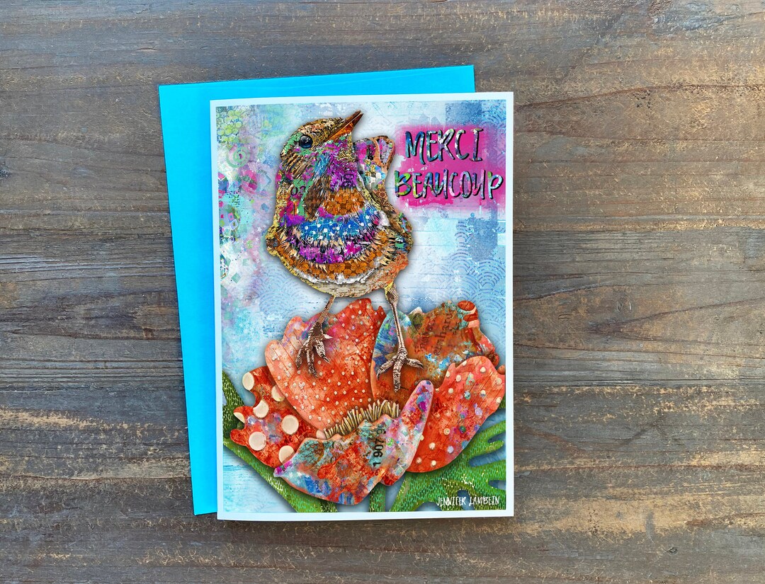 Merci Beaucoup Greeting Card - Thank You Boho Wildflower Bird Art ...
