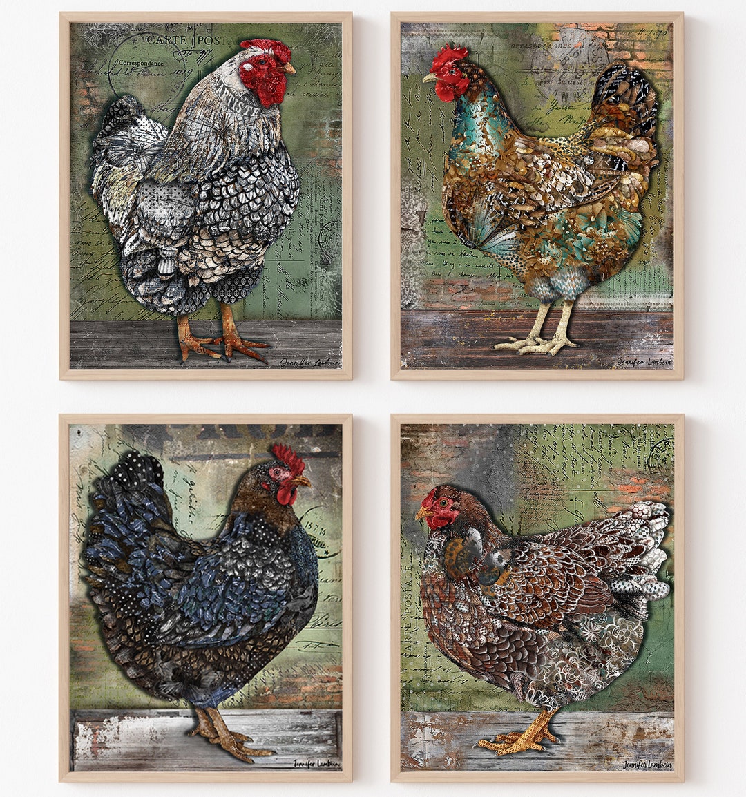 Rustic Hens Art Prints Set of 4 Chicken Butterfly Boho - Etsy