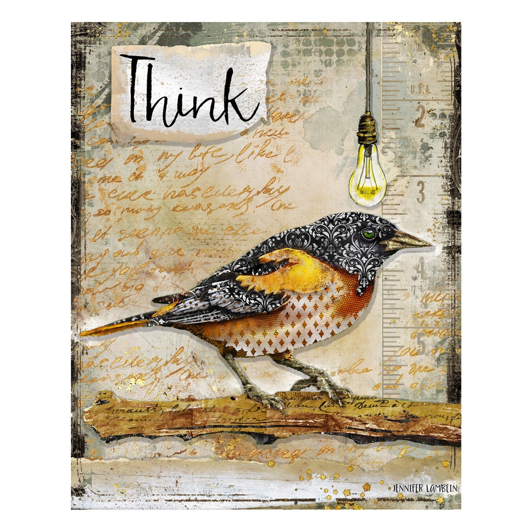 Think Bird Art Print - Rustic Wall Decor - Industrial Steam Punk Script ...