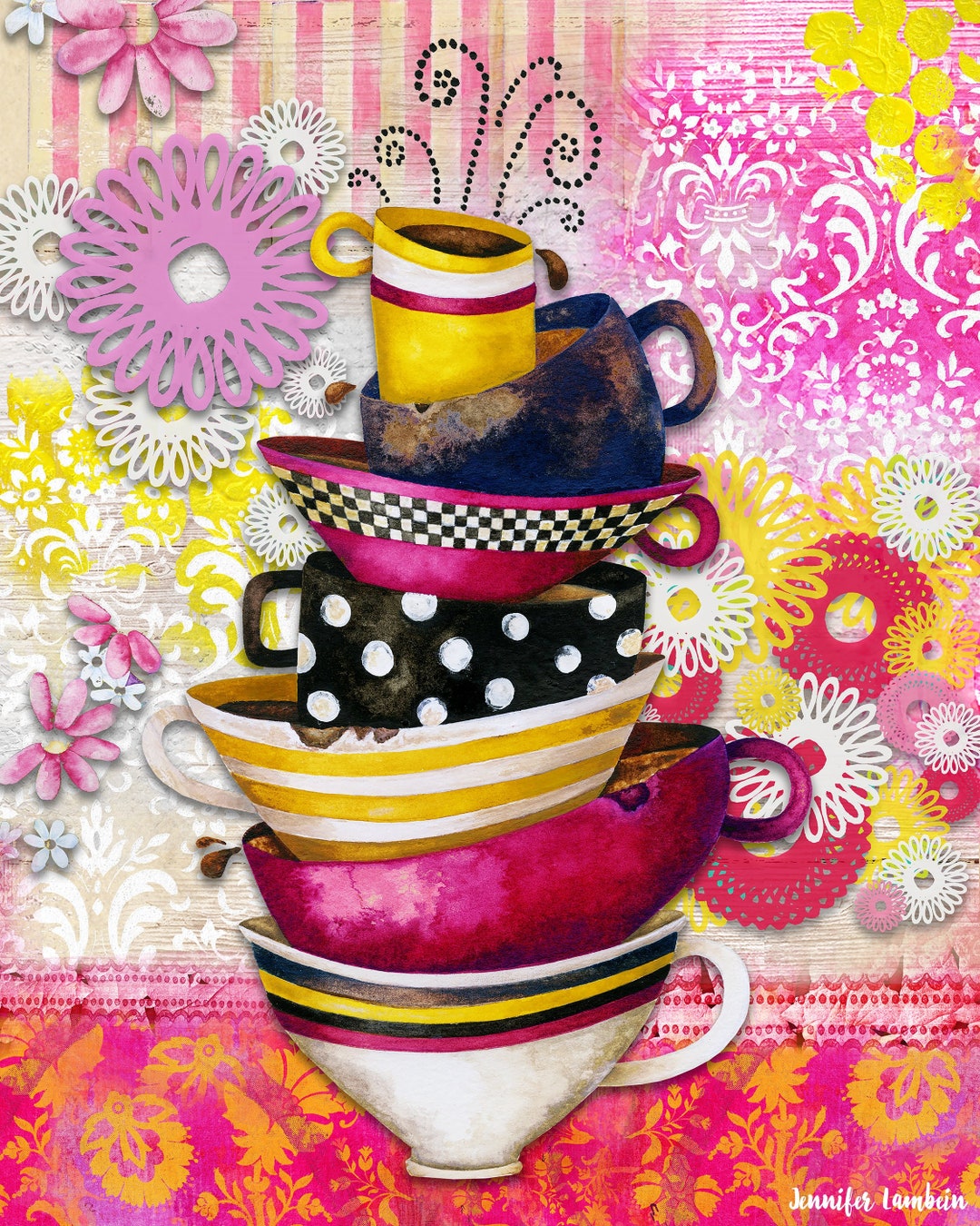 Flower Power Coffee Cups Art Print Wildflowers Retro Vintage - Etsy