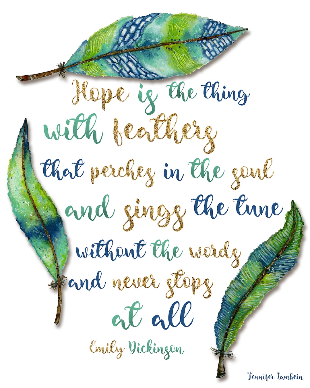 Hope is the Thing Art Print - Emily Dickinson Quote - Rustic Boho Green ...