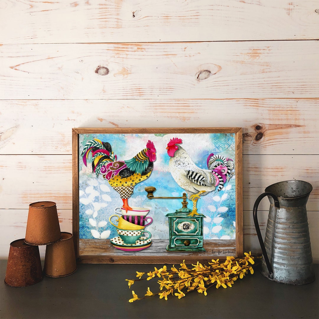 Rooster Cafe Art Print Rustic Coffee Woodland Boho Bird Wall Decor ...