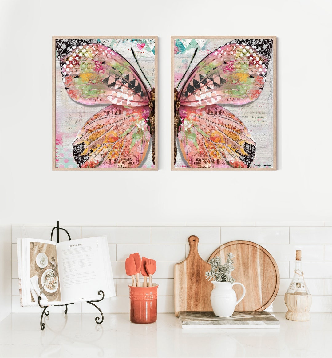 Vintage Pink Butterfly Art Prints Set of 2 Rustic Woodland Wildflower ...