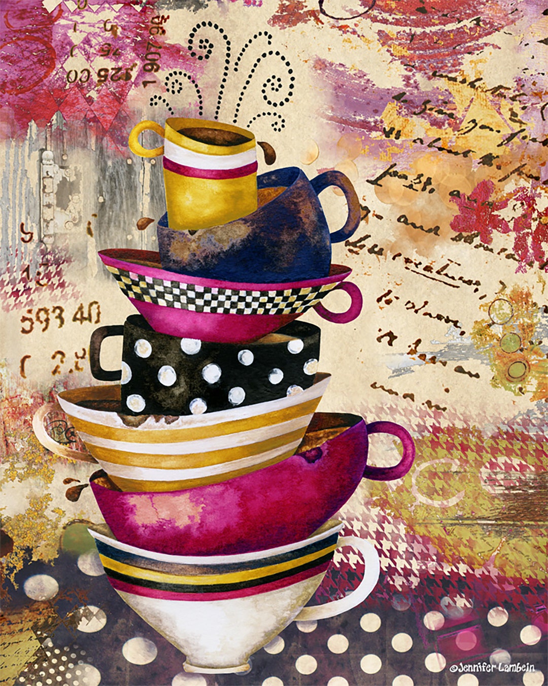 Fab Coffee Cups Art Print Kitchen Decor Wall Art Boho Painting Mugs ...
