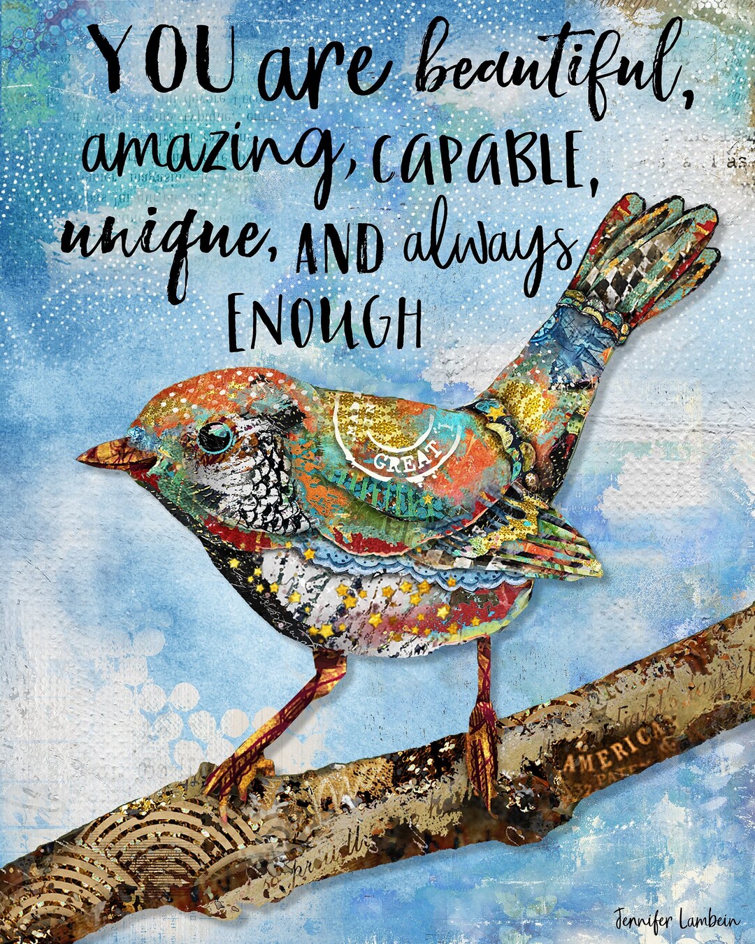 You Are Beautiful Art Print Rustic Woodland Bird Cottagecore Star Wall ...