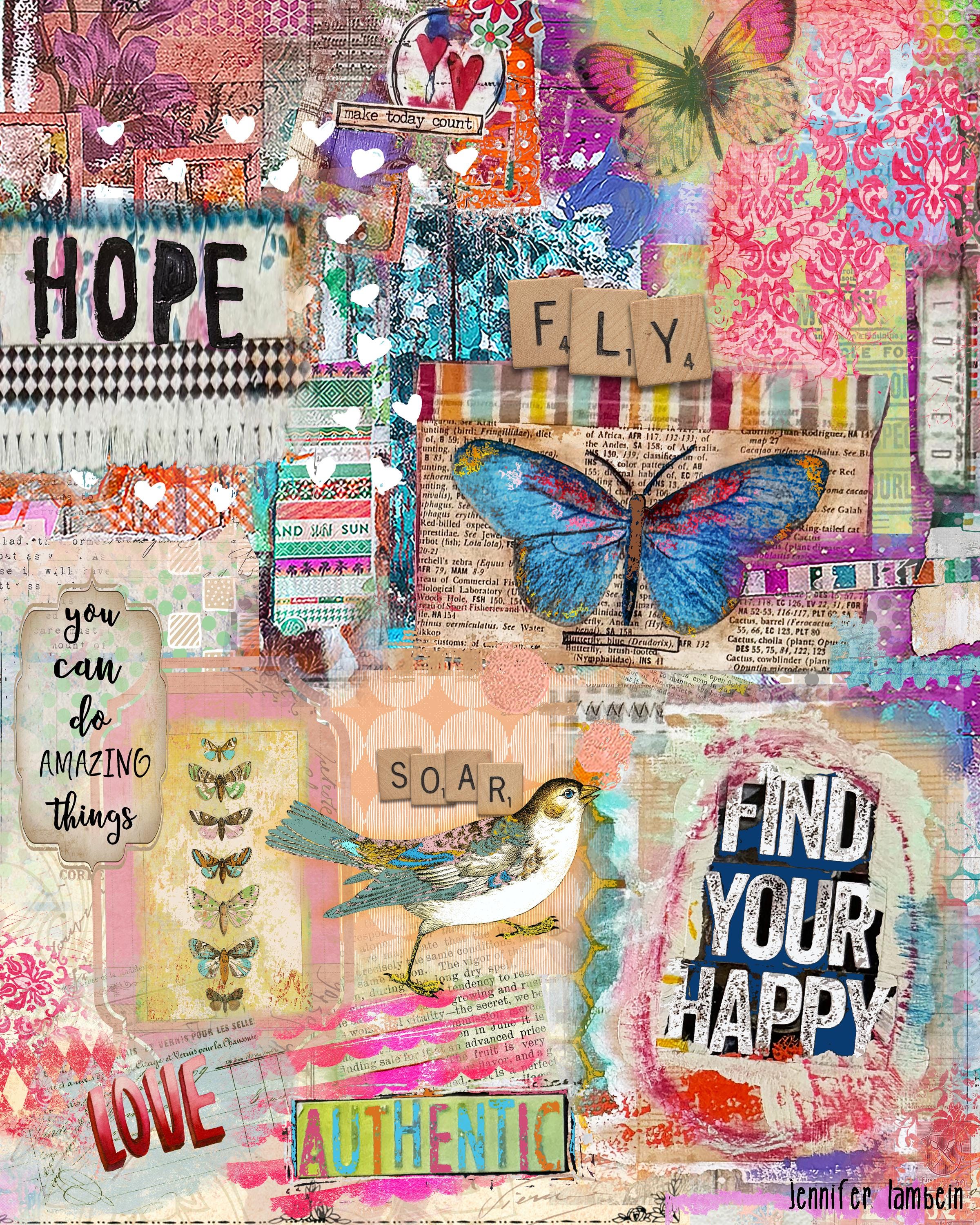 Find Your Happy Collage Art Print - Hope Love Butterfly Bird Wall Decor ...