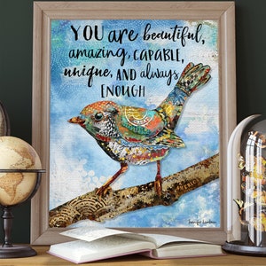 You Are Beautiful Art Print Unique Boho Bird Watercolor Wall Decor ...