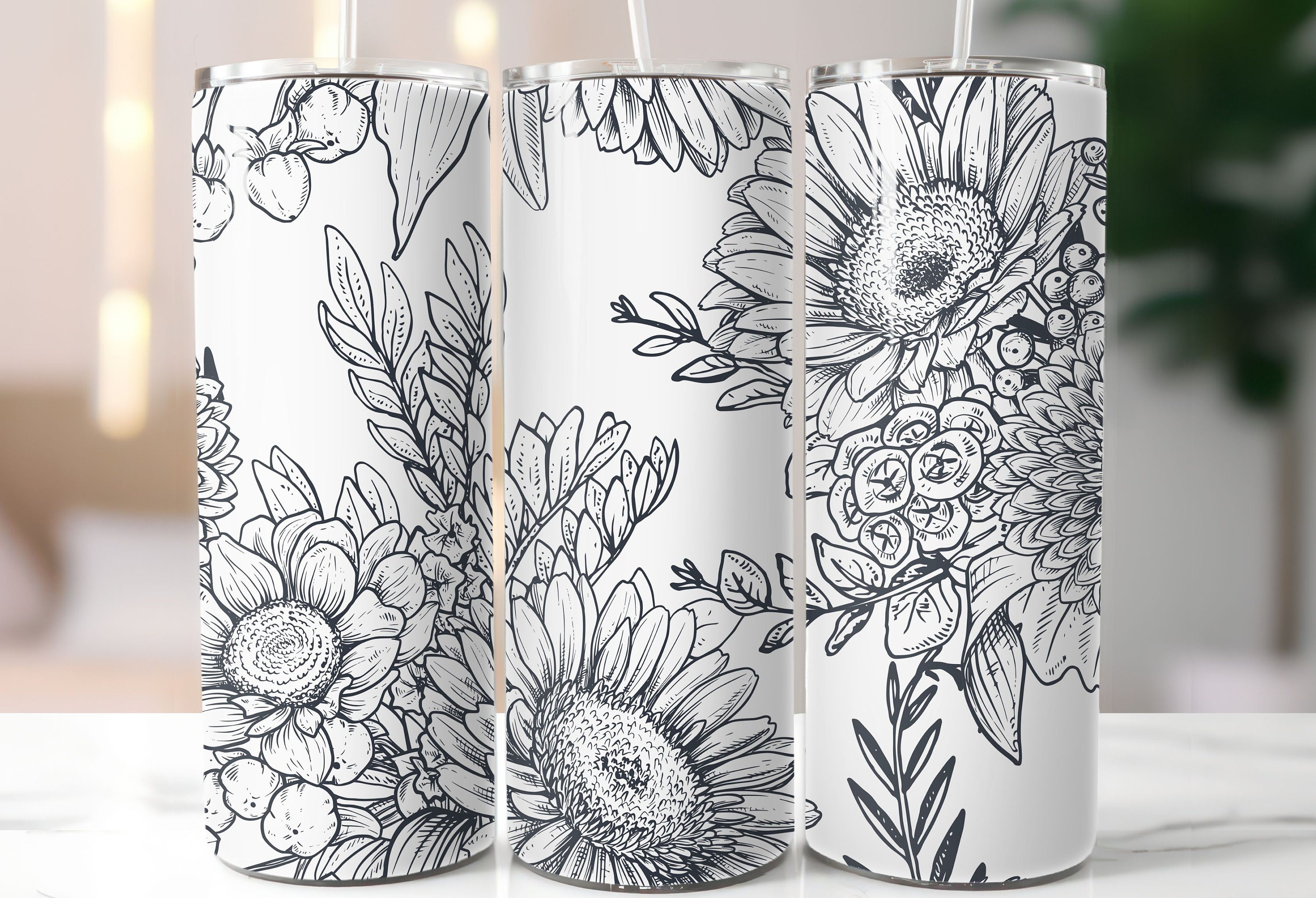 Simple, Floral, Drawing 20 Ounce Skinny Tumbler Cup / Tall Metal ...