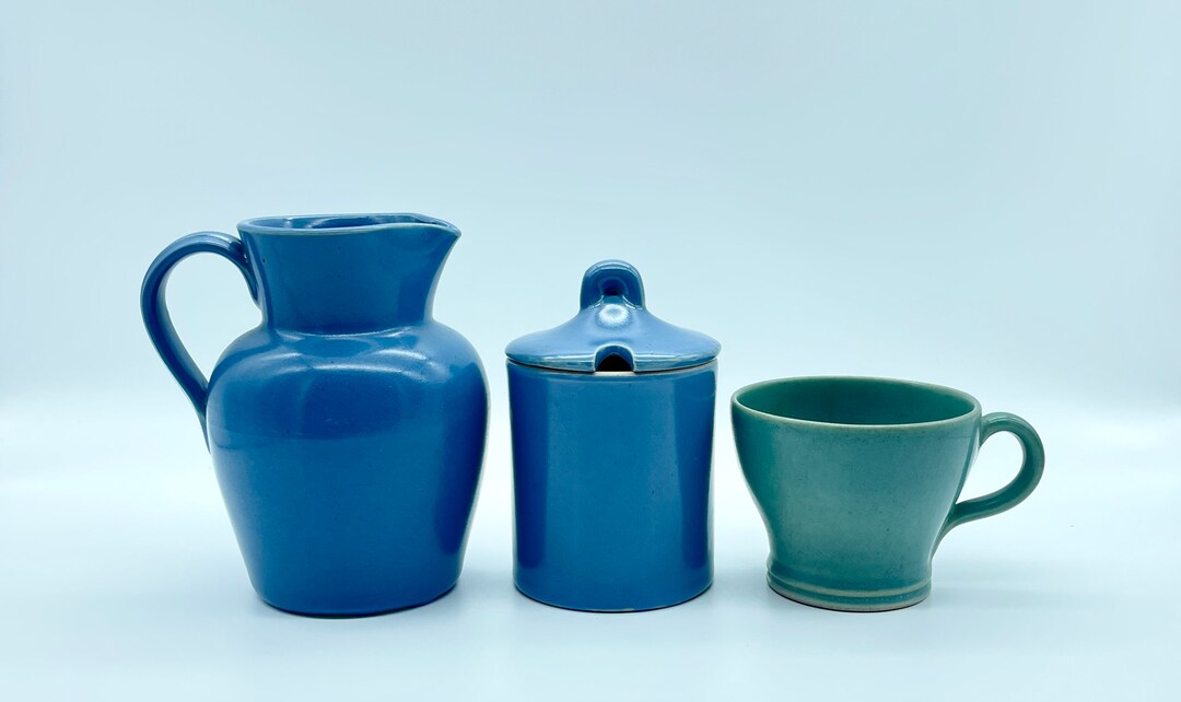 Buchan Portobello Blue Scottish Pottery Jug, Sugar Bowl and Green Cup ...