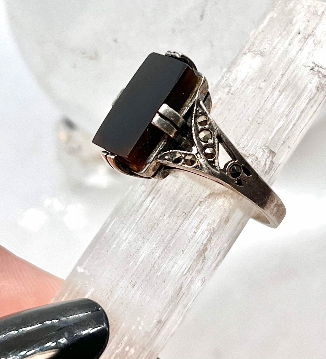 Vintage Ring, Marcasite Stone, With Onyx Stone, Cocktail Ring 925 ...
