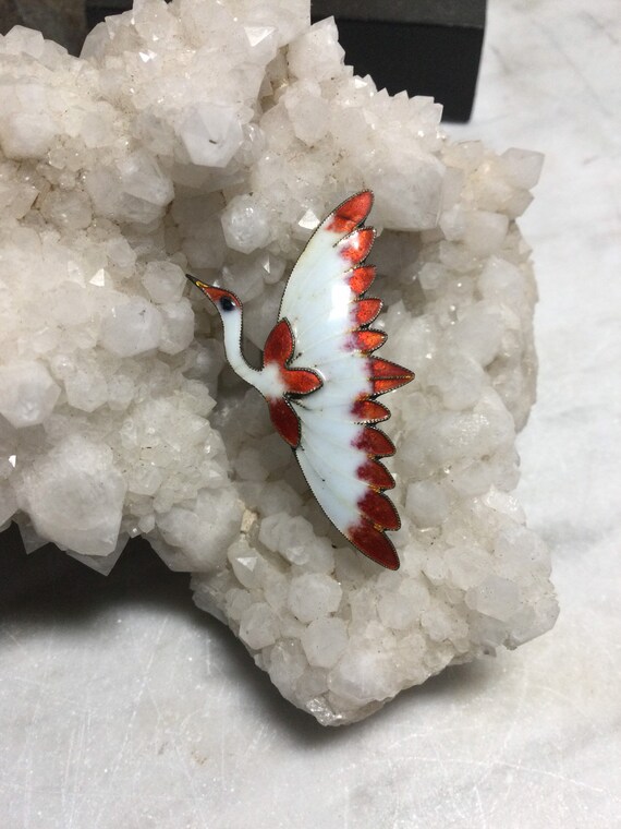 Beautiful Enameled Sterling silver Crane in flight br… - Gem