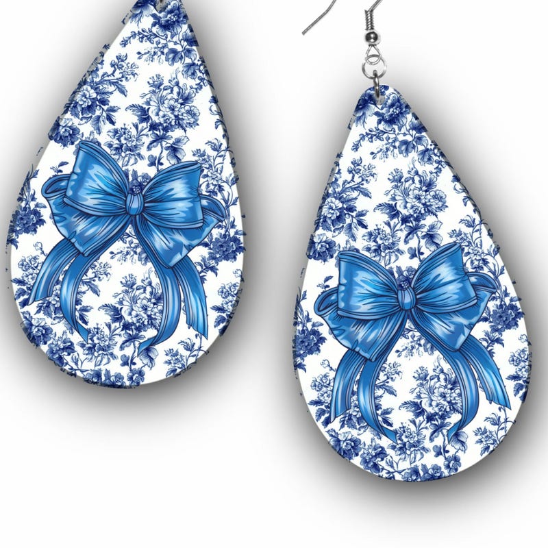 Blue Toile Bow Earrings - Etsy