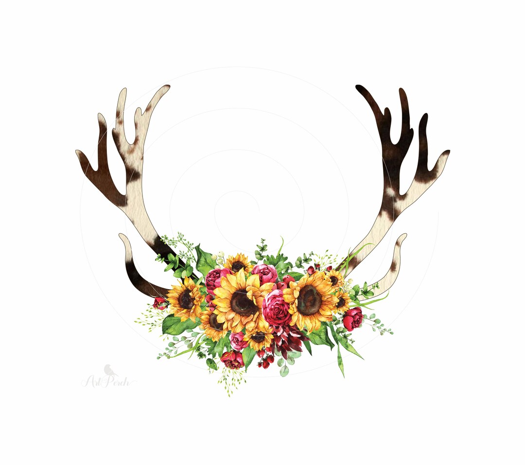 Cowhide Sunflowers Deer Antlers Sublimation PNG Design - Instant ...