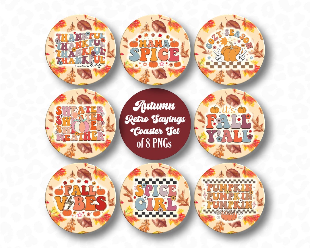 Autumn Coaster PNG, Retro Coaster Design, Fall Coaster Bundle of 8 ...